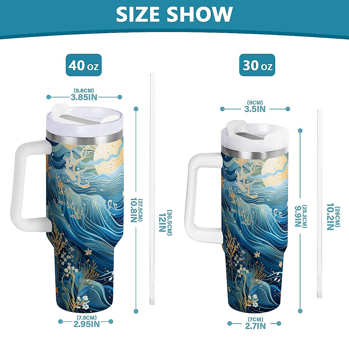 ARGTILDN 40 oz Tumbler Sea Sailboat Underwater World Insulated Travel Mug with Handle and Straw Lid Stainless Steel Vacuum Coffee Cup Tea Beverage Container Water Bottles for Car Sports office