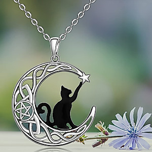 Fenthring Black Cat Necklace Sterling Silver Crescent Moon Celtic Knot Cat Necklaces for Women Cute Animal Infinity Pentacle Cats Halloween Christmas Holiday Jewelry