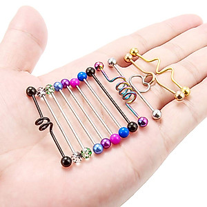 Dyknasz 12Pcs 16G Surgical Steel Industrial Barbell for Women Men Cartilage Earring Helix Rings Piercing Jewelry Bar Length 38mm (1 1/2 Inch) Silver-Tone Rose Gold Black Heart