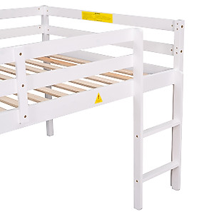 HABUHOME Low Loft Bed Full Size, Wood Loft Bed with Ladder, Full Loft Bed Frame with Safety Guardrail for Kids Teens Boys Girls,White