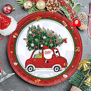 Homlouue 200 Pcs Christmas Paper Plates and Napkins, Santa Claus Car Red and White Plates and Napkins Disposable, Christmas Dinner Serves 50 Guests, Party Table Decorations