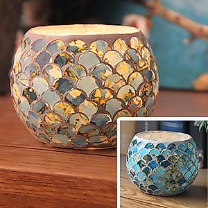 Blue Fish Scales Mosaic Glass Tea Light Candle Holder Romantic Handmade Gifts Votive Candleholder Christmas Candlestick Holders Table Centerpieces Home Decor Wedding Party Table Decorations