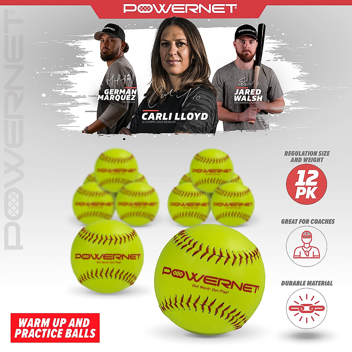 PowerNet Corbin Carroll Practice Softballs | 12 PK Recreation Grade 12" Balls | Perfect for Softball Soft Toss, Batting, Fielding, Hitting, Pitching, Practice or Training (Yellow | 12 Pack)