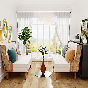 Andeworld Loveseat Settee Bench with Natural Rattan Arms,Upholstered Modern High-Back Mini Sofa Couch,Banquette Dining Bench Love Seat for Living Dining Room Bedroom Office Small Space Entryway,Ivory