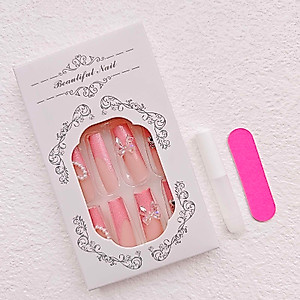 French Tip Press on Nails Long Square False Nails Tube Shape Pink Acrylic Nails with Rhinestones 3D Cat and Heart Bow Designs Glue on Nails Glitter Fake Nails Press Ons for Women 24pcs from QQPPOLIU