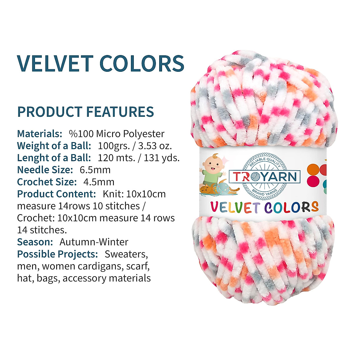 Troyarn Velvet Colors Chenille Baby Blanket Yarn Amigurumi Yarn for Crocheting and Knitting Super Bulky 100 gr (131 yds) (10220)