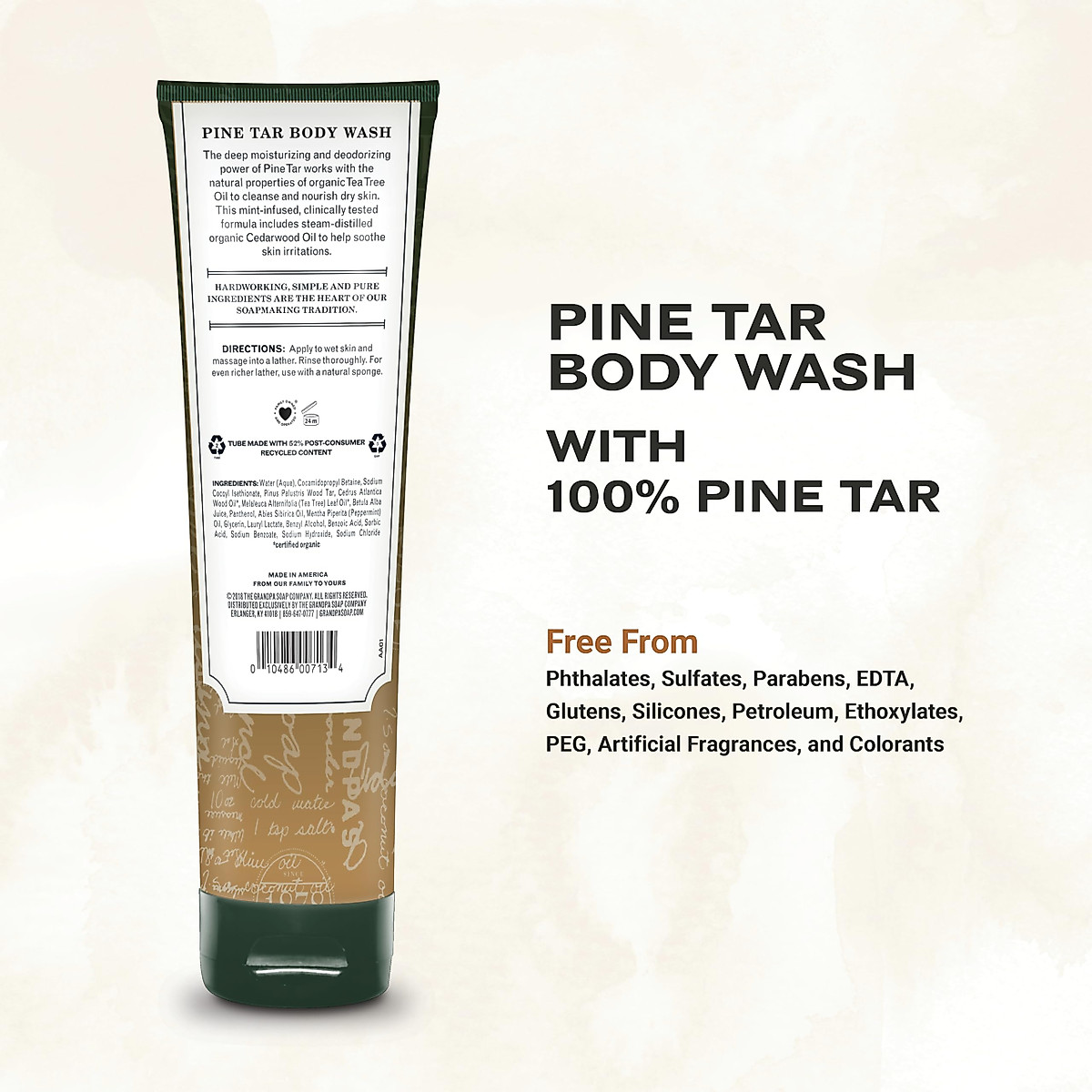 The Grandpa Soap Company Pine Tar Body Wash - Dermatologist Recommended to Cleanse & Moisturize Irritated Skin, Deodorizing Power, With Pine Tar & Tea Tree Oil, 9.5 Fl Oz