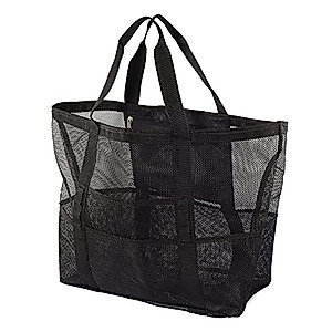 Mesh Beach Tote - Large Vacation & Travel Essentials Black Beach Bag, Foldable & Washable Lightweight Woven Summer Must Haves Swim Tote for Pool, Towels, Clothes, Food, Drinks, Necessities - 24x15x8.5