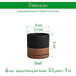 D'vine Dev 6 Inch Ceramic Planter Pot with Drainage Hole and Saucer, Indoor Cylinder Round Planter Pot, Black/Speckled Tan, 94-O-S-7