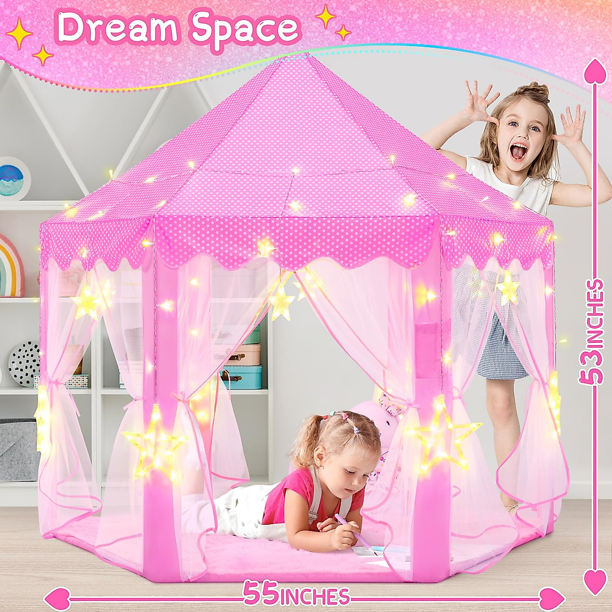 EVOIONOS Pink Girls Princess Tent with Large Star Lights and White Princess Rug
