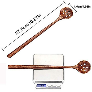 1 PC Korean Style 10.9" Long Handle Wooden Round Slotted Spoons for Jam Olive