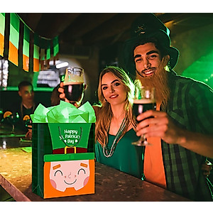 SICOHOME St Patricks Day Gift Bag 11.5"x 9" Green Buffalo Plaid Gift Bags with Tissue Paper, Happy St.Patricks Gift Wrapping Bags for Kids Classroom Party Favor Supplies