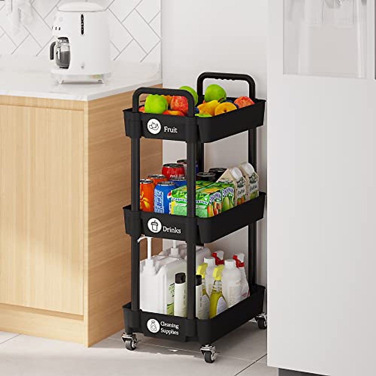 Laiensia 3-Tier Storage Cart,Multifunction Utility Rolling Cart Kitchen Storage Organizer,Mobile Shelving Unit Cart with Lockable Wheels for Bathroom,Laundry,Living Room,With Classified Stickers,Black