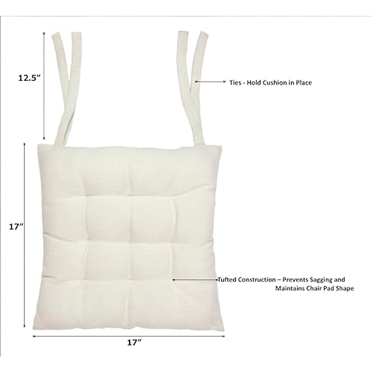 COTTON CRAFT Chair Cushion Pads - Set of 4 - Ellora Natural - Dining Kitchen Office Chair Seat Cushion with Ties - Durable Cotton Fabric - Thick Comfy Poly Fill - Indoor Use - 17x17 in – Natural Ivory