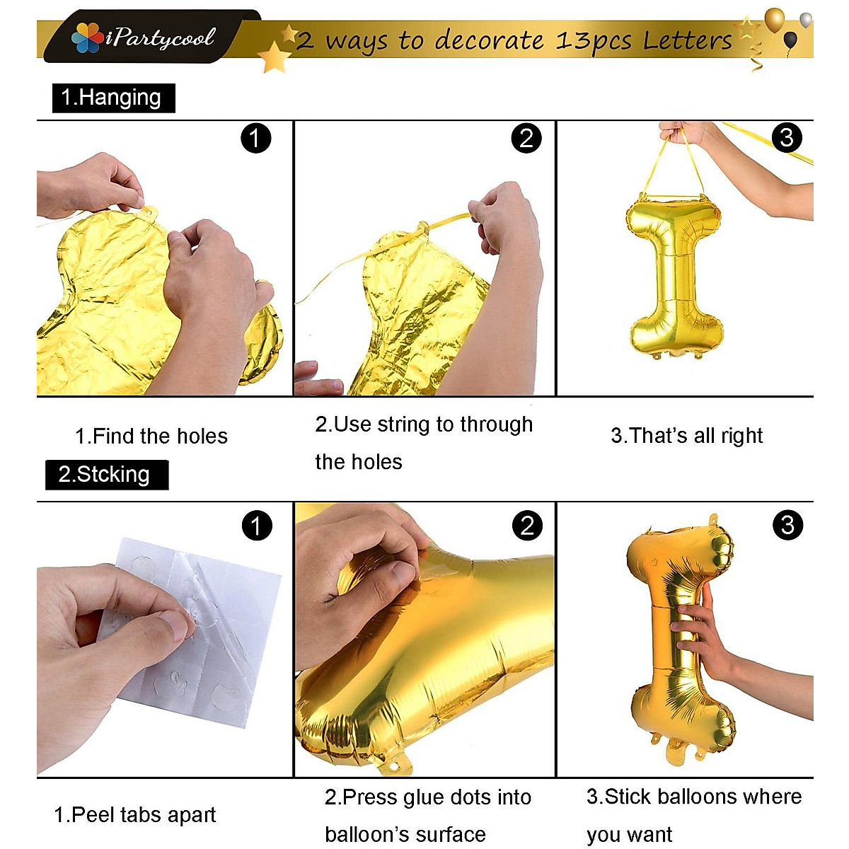 iPartycool 24pcs Birthday Balloons Banner, 3D Gold Premium Mylar Foil Ecofriendly Letter Happy Birthday Banner with 6pcs Star Balloons Kits for Kids Boys Men Adults Birthday Party Decorations HB0G…