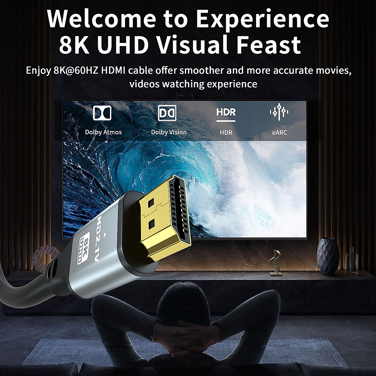 jojobnj 8K HDMI Cable 15 FT, 48Gbps 8K@60Hz 4K@120Hz, HDCP 2.2 & 2.3, DTS:X, HDR 10 Compatible with Roku TV/eARC/3D/PS5/HDTV/Laptop/Blu-ray High Speed HDMI Cable(Silver)