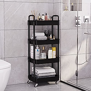 Buzowruil 4-Tier Utility Rolling Plastic Storage Cart Trolley with Lockable Wheels,Multifunctional Storage Shelves for Kitchen Living Room Office,Black