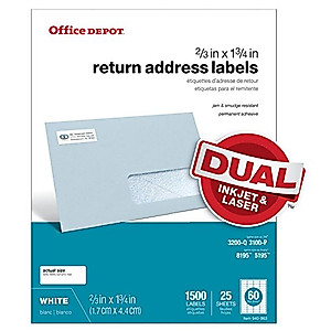 Office Depot White Inkjet/Laser Return Address Labels, 2/3in. x 1 3/4in., Pack of 1,500, 505-O004-0015