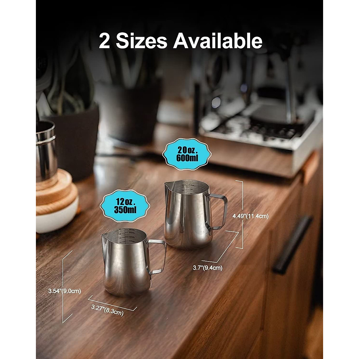 12 Ounces Stainless Steel Milk Frothing Pitcher, Measurements on Both Sides, Espresso Machine Accessories, Latte Art Cup with Insulated Handle, Creamer Pitcher for Single-Serve, No-drip or Spillage