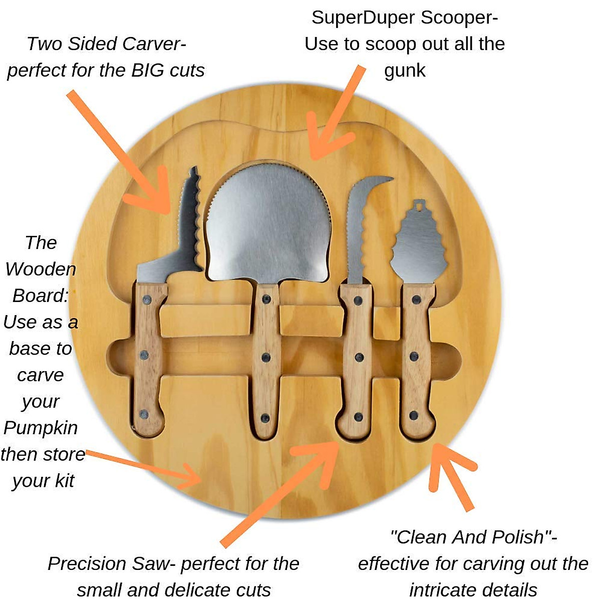 Creative Carving NEW 4 Piece Pumpkin Carving Kit with Woode Case: (Plus Pumpkin Carving Stencil E-Book) Sturd Stainless Steel and Wood Handled Carving Tools | Crafted for Safety and Efficiency