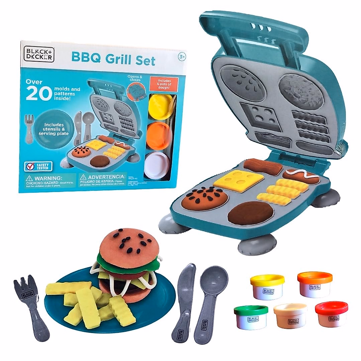 TOY DEALS USA, Cooking Toy Set, Kitchen Toy Set, Toy BBQ Grill Set, Little Chef Play, Kids Grill Playset, Interctive BBQ Toy Set for Toddlers, 20 Molds & Patterns Inside Plus 5 Pots of Dough