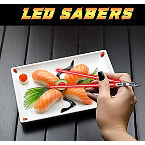LIGHTSABER CHOPSTICKS LIGHT UP STAR WARS LED Glowing Light Saber Chop Sticks REUSABLE Sushi Lightup Sabers-Removable Handle Dishwasher Safe-Premium GIFT BOX & CARRY CASE Included -Blue & Red - 2 Pairs