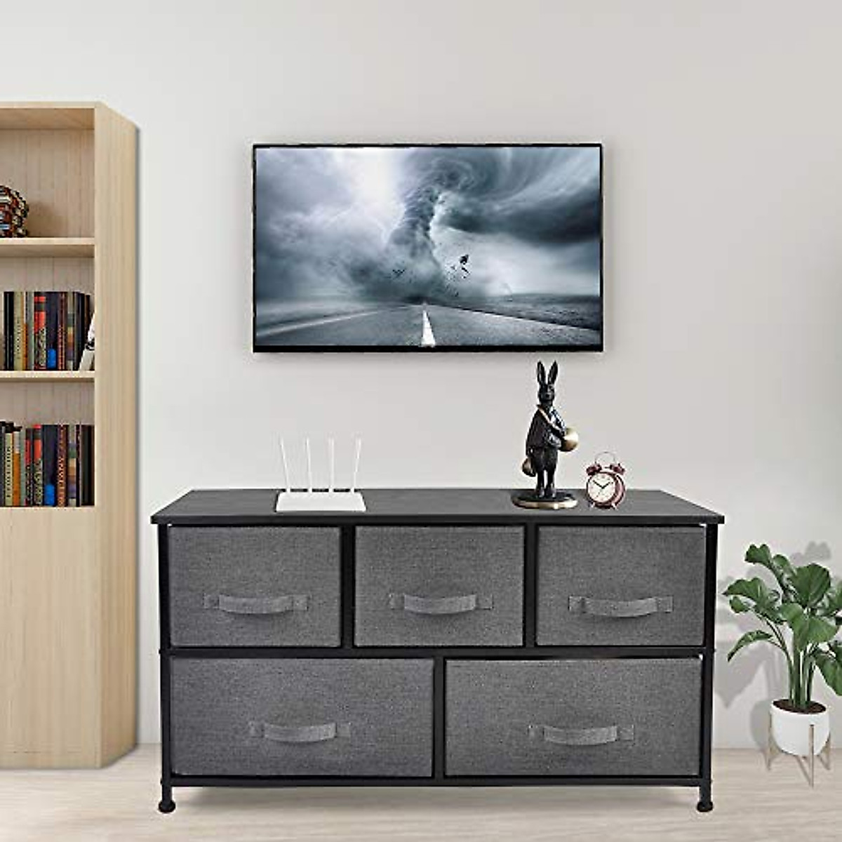 Bigroof Drawer Dresser, Organizer Storage for Bedroom Hallway Closet Office, Steel Frame, Wood Top, Easy Pull Fabric Bins (Dark Grey)