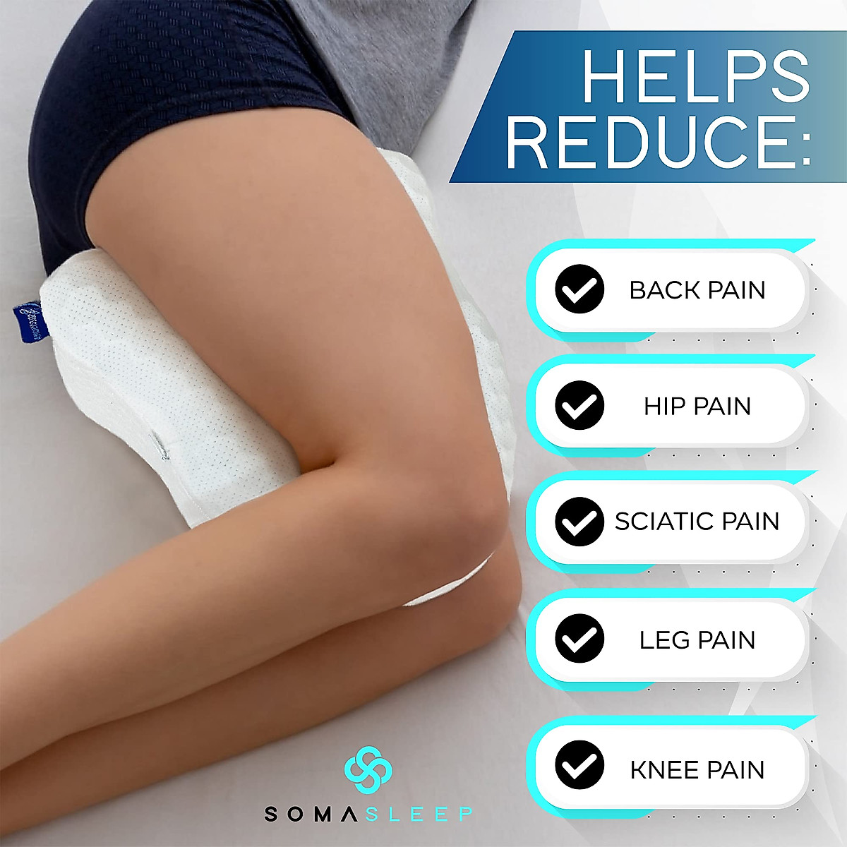 SelectSoma Knee Pillow for Side Sleepers with Cooling Memory Foam Gel Cover - Leg Cushion for Pain Relief in Sciatica, Back, HIPS, Knees, and Joints - Body Positioner for Maternity, Rest, and Sleep