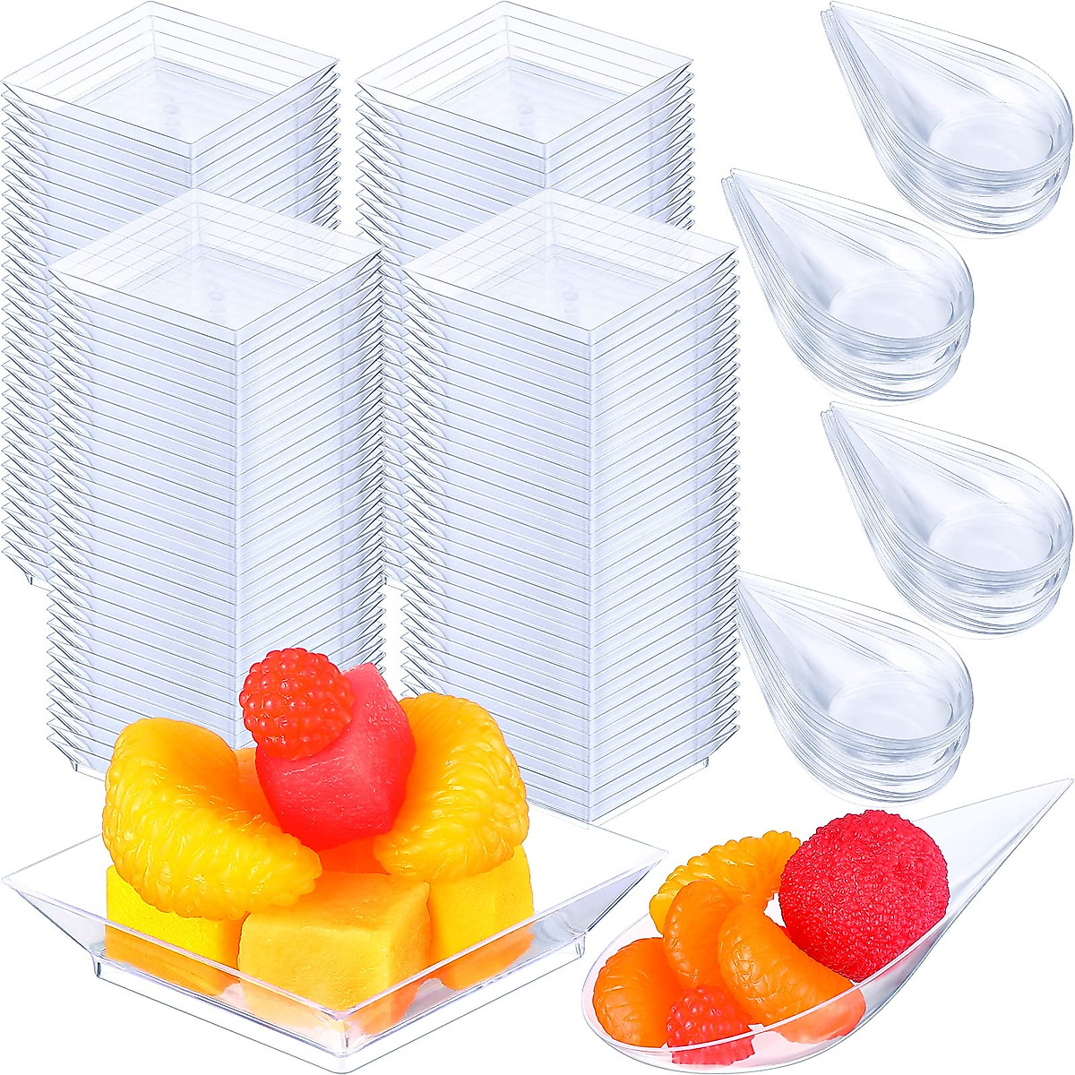 Rozer Mini Appetizer Plates and Tear Drop Spoons for Weddings Party 2.5 x 2.5 Inches 4 x 2 x 0.5 Inches Plastic Mini Dessert Plates Disposable Appetizer Spoons (300 Pieces)