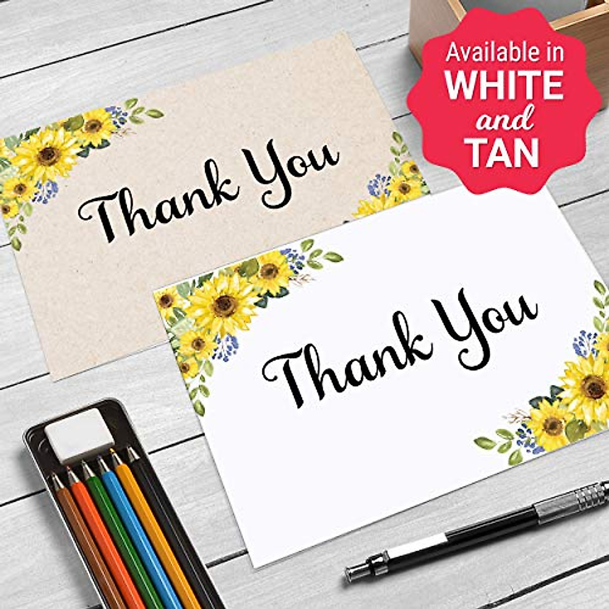 321Done Sunflower Thank You Note Cards (Set of 50) Large 4x6 – Rustic Kraft Tan for Gift, Insert, Thanks, Small Business, Event, Wedding, Shower, Party, Award or Occasion - Blank on Back, Made in USA