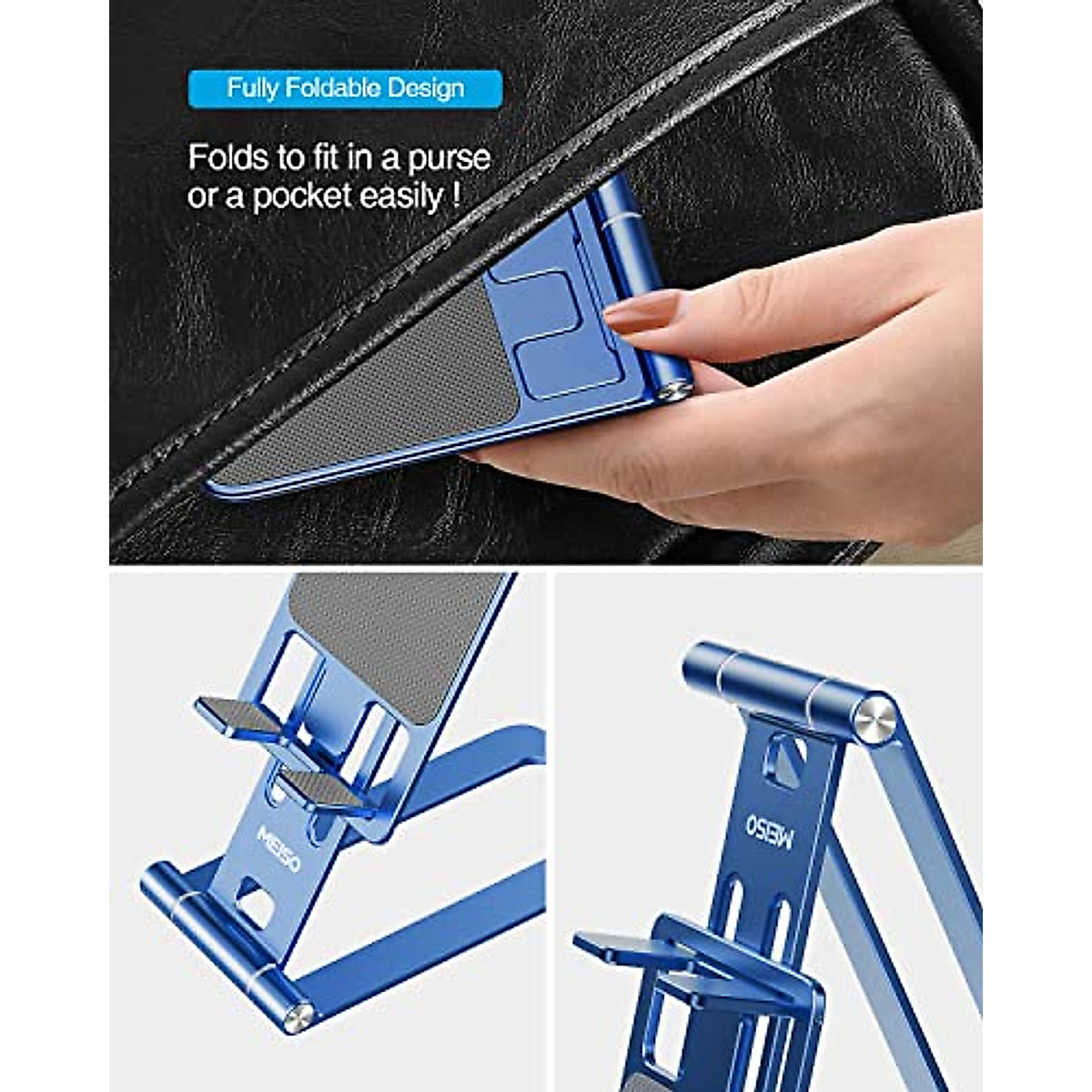 MEISO Cell Phone Stand, Fully Foldable Phone Holder for Desk, Desktop Mobile Phone Cradle Dock Compatible with iPhone, Samsung Galaxy, iPad Mini, Tablets Up to 10” (Navy Blue)
