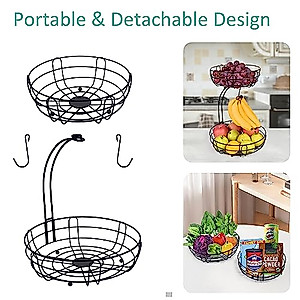 Sishynio 2-Tier Fruit Basket Bowl with 2 Banana Hangers for Kitchen Counter, Metal Wire Basket Vegetable Storage Countertop Fruits Stand Organizer, Detachable Fruit Holder for Bread, Snack, Veggies
