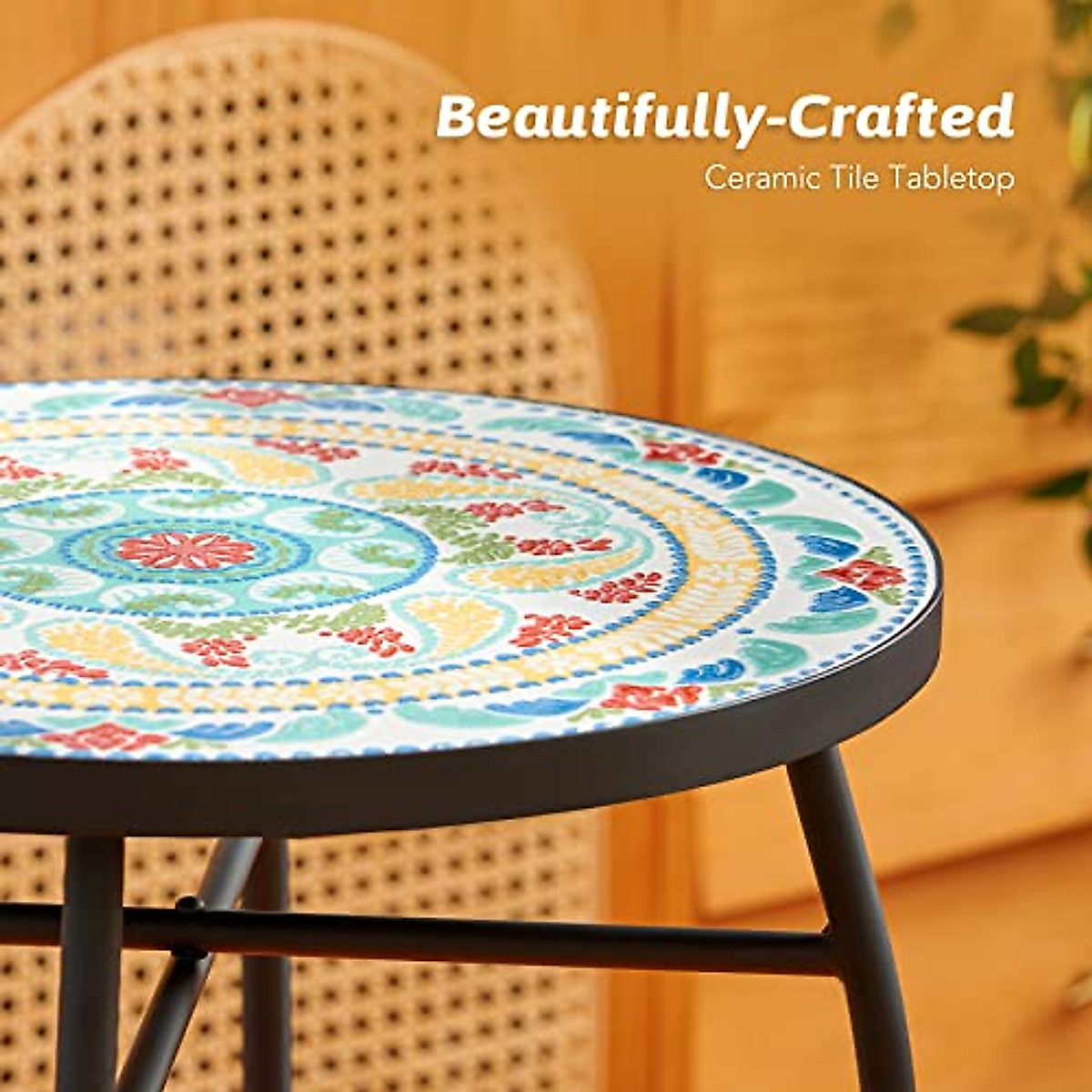 VONLUCE 21" Mosaic Plant Stand, 14 Inch Round Side Table with Ceramic Tile Top, Indoor and Outdoor Accent Table, Outdoor Patio Furniture, End Table for Garden Patio Living Room More, Floral