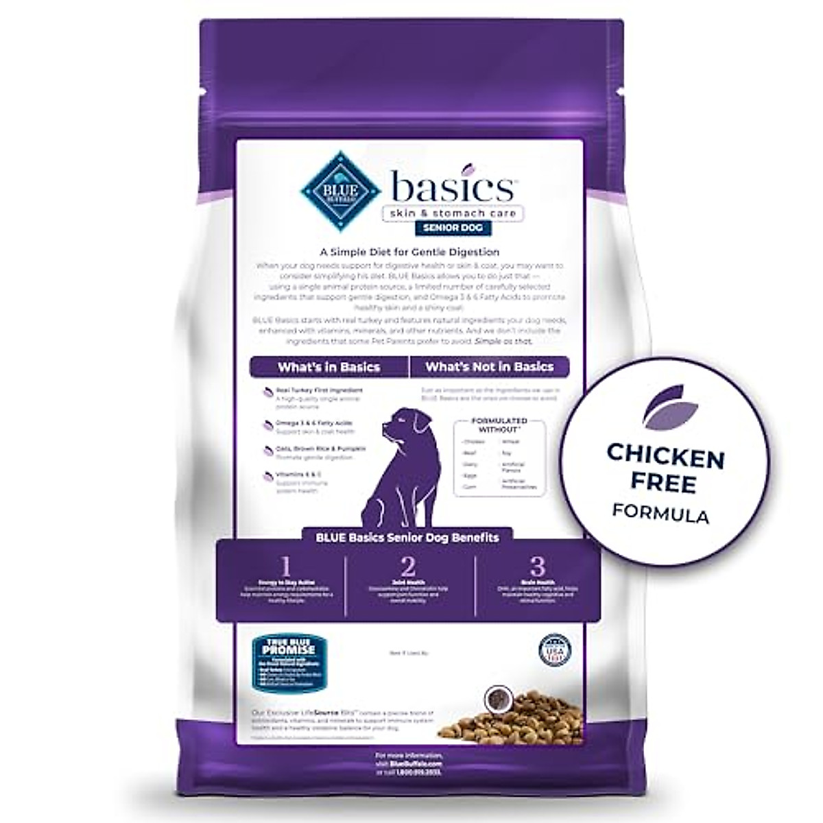 Blue Buffalo Basics Grain-Free Senior Dry Dog Food, Skin & Stomach Care, Limited Ingredient Diet, Turkey Recipe, 4-lb. Bag