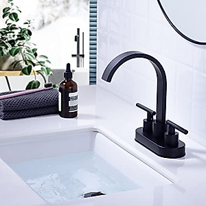 DIKUROOMS Bathroom Faucet 2 Handle 4 Inch Centerset Lavatory Vanity Sink Faucet with Overflow Pop-Up Drain and cUPC Water Supply Lines, Square Shaped 360 Degree Swivel Waterfall Spout, Matte Black