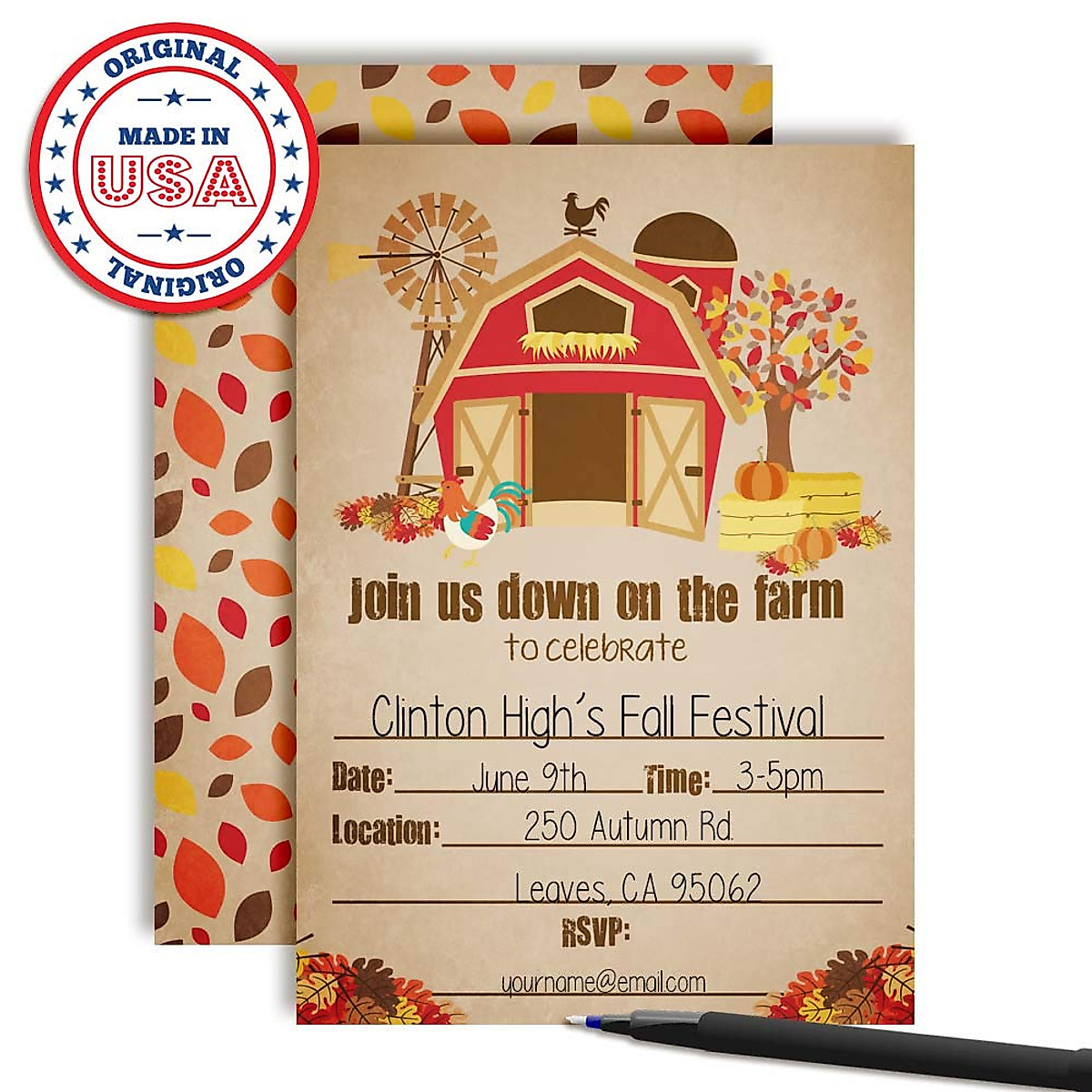 Rustic Old Fashioned Barn Fall & Autumn Barnyard Farm Birthday Party Invitations, 20 5x7 Fill In Cards with Twenty White Envelopes by AmandaCreation