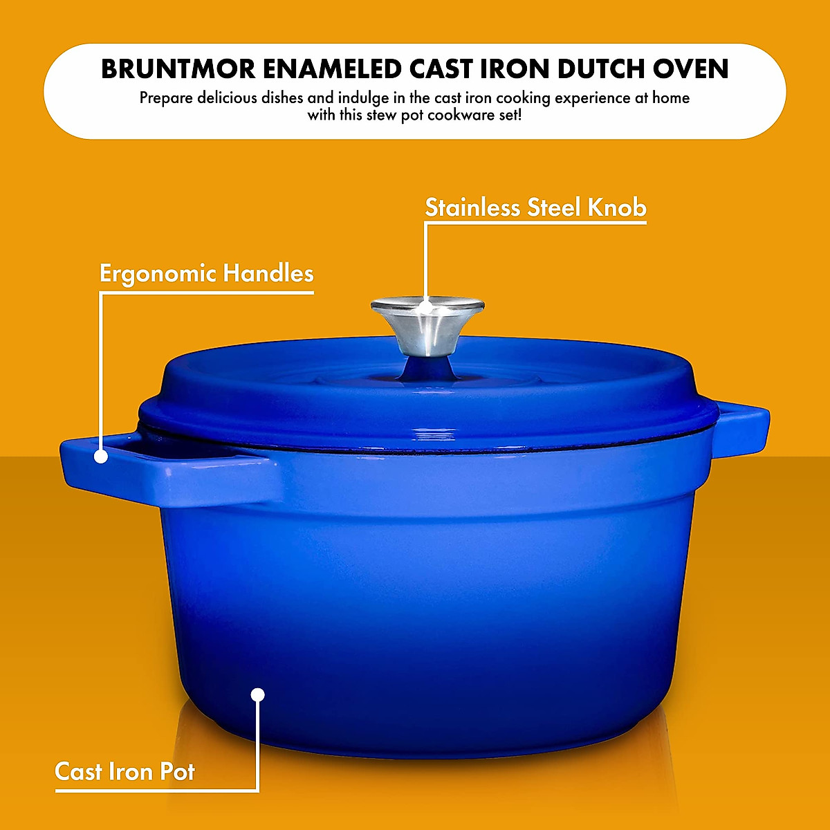 Bruntmor Pre-Seasoned 6.5 qt Enameled Cast Iron Round Dutch oven, 6.5 Quart Dutch Ovens Pot with Lid and Handle, Cast Iron Skillet, Heavy Duty Casserole Dish, Hand wash only, Duke Blue