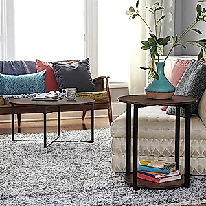 Household Essentials Jamestown Round Coffee Table Mid Century Walnut Wood Grain and Black Metal