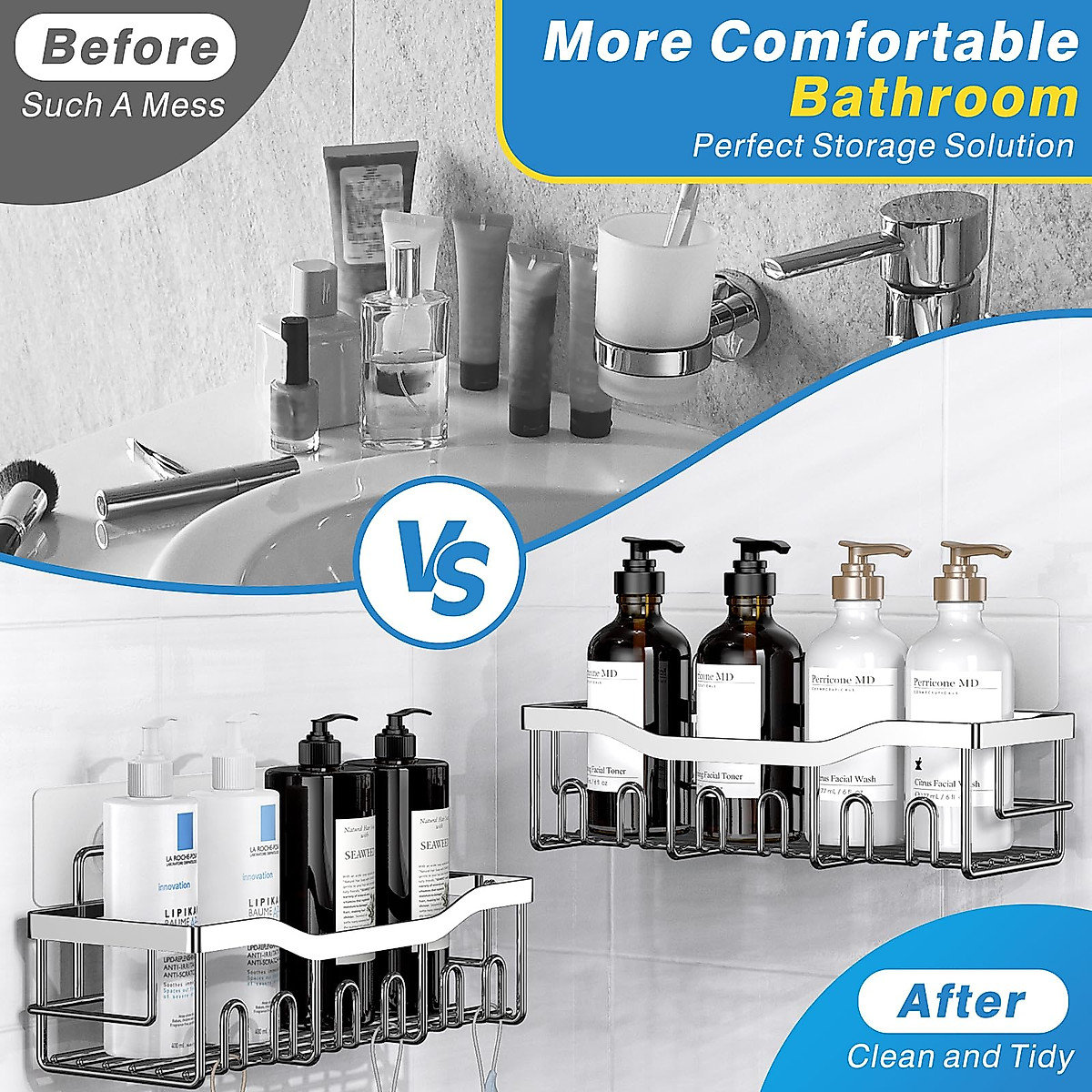 EUDELE Adhesive Shower Caddy, 5 Pack Stainless Steel Bath Organizers With No Drilling, Large Capacity Rustproof Shelves for Bathroom Storage & Home Decor