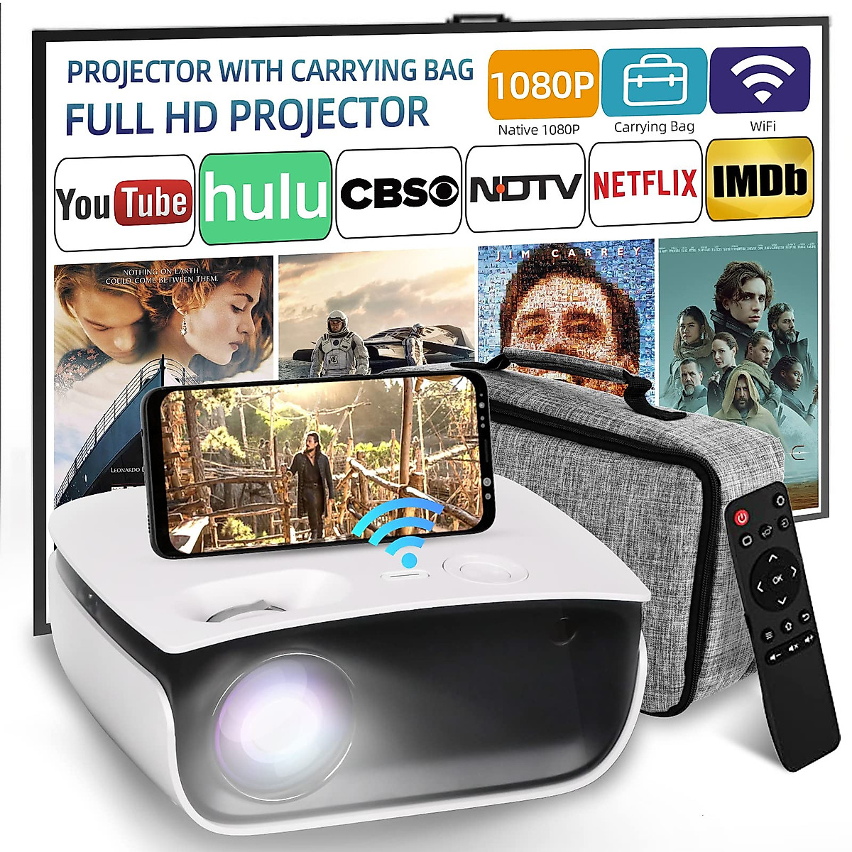 KARCLE WiFi Mini Projector, 7500L Portable Video Movie Projector for Home Theater/Outdoor Use, Full HD 1080P Projector, Support Android/iOS Phone Wireless Sync Screen, Laptop, HDMI, USB,TV Stick, PS4