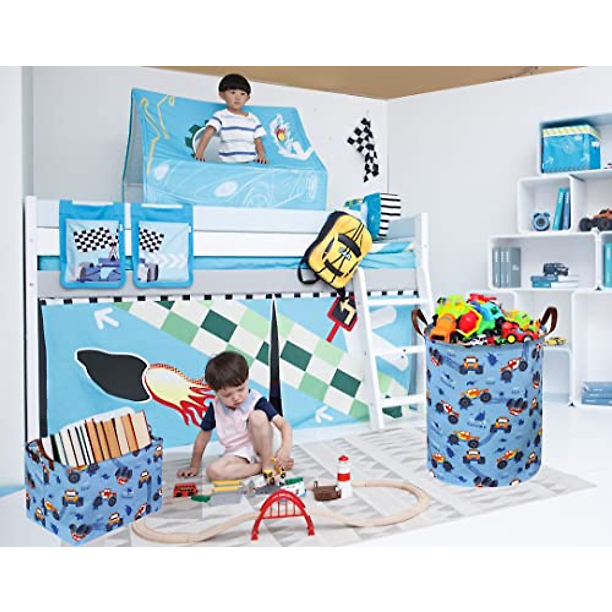 Sanjiaofen Kids Boys Hamper, Kids Laundry Basket Collapsible Monster Truck Storage Baskets for Boy Room Decor,Office,Toy Organizer,Gift Hamper(Monster trucks)