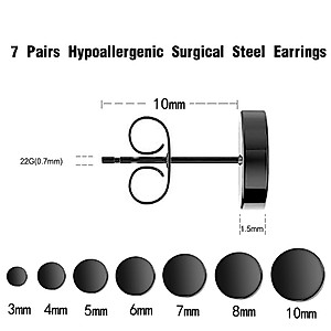 7 Pairs Black Earrings Surgical Steel Studs Hypoallergenic 316L Stainless Steel Stud for Men Women Contain 3,4,5,6,7,8,10 mm