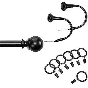 Amazon Basics 1" Curtain Rod with Round Finials, 36" to 72", Curtain Clip Ring (Set of 7), and Curtain Holdbacks (Set of 2), Black