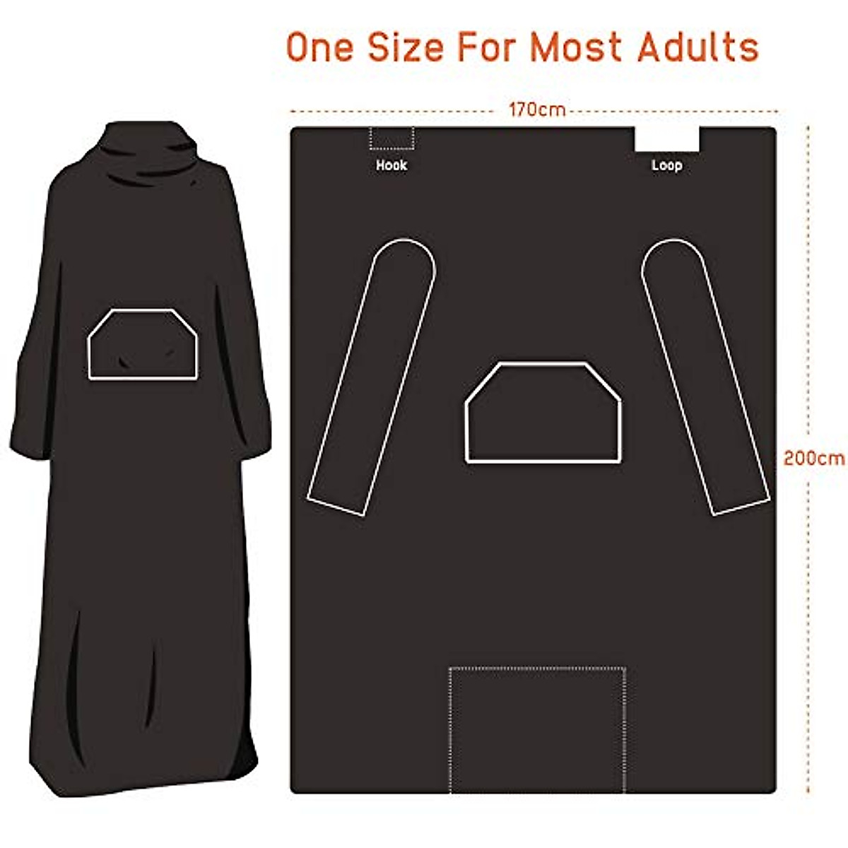 Wearable Fleece Blanket with Sleeves & Foot Pocket for Adult Women Men,Lightweight Soft Plush TV Blanket Wrap Throw with Sleeves and Adjustable Hook & Loop 79" x 67" Charcoal (Kangaroo Pocket)