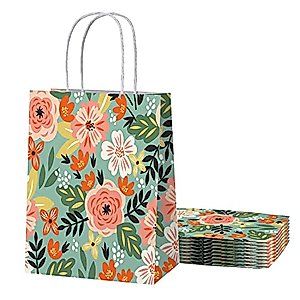 GELYIJIX Small Paper Gift Bags with Handle,Cute Bulk Gift Bags for Women,Men,Party,Holiday,Green Watercolor Floral,8 PC