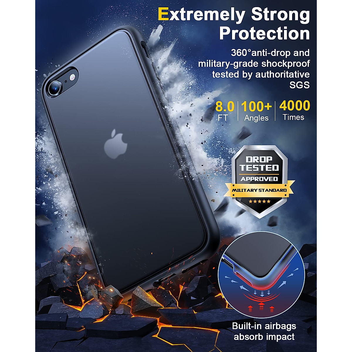 Humixx Shockproof Designed for iPhone SE 2022 Case [8FT Military Grade Drop Protection] [Ultimate Touch Feeling] Translucent Matte Hard Back, Slim Durable Protective Case for iPhone 7/8/SE 4.7" -Black
