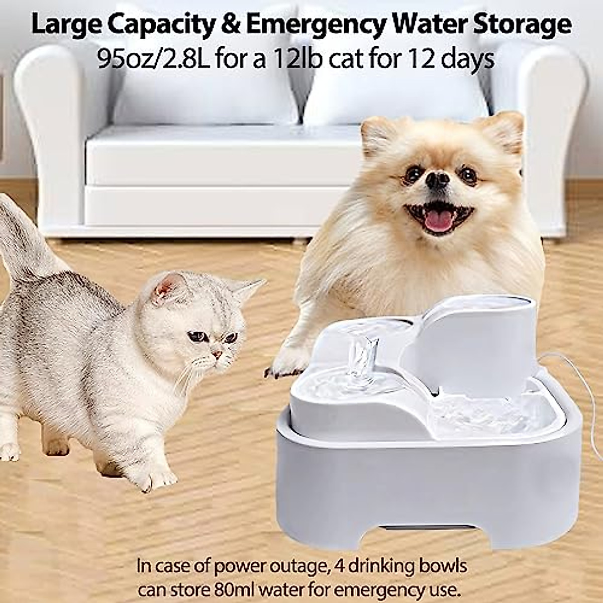 Kopmath Cat Water Fountain for Multiple Pets, 4 Tiers, 95oz/2.8L, Whisper Quiet Pump, Scientific Filtration, Easy to Set up & Clean, Emergency Water Storage, Large Dog Water Dispenser, with Power Plug
