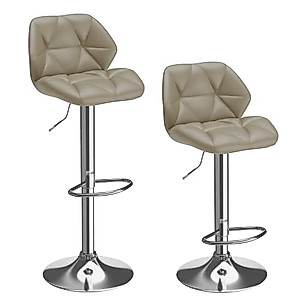 Cozy Castle Bar Stool Set of 2, Swivel Counter Stool, Vintage Adjustable Barstool, Diamond Padded Faux Leather Bar Chair, 24 to 32 Inch Height, Light Tan
