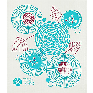 Trendy Tripper Jenn Ski Reusable Swedish Dishcloths/Sponge Cloth MID-Century Modern Abstract Designs Set of 4 (4-Pk MCM Floral Turquoise/Red)