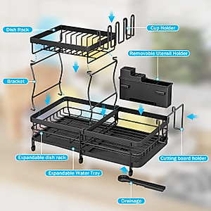 SNSLXH Large Dish Drying Rack Drainboard Set, Expandable 2 Tier Dish Racks for Kitchen Counter, Dish Rack with Drainage, Utensils Holder, Cup Holder-Black